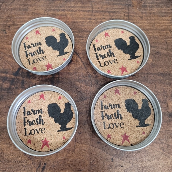 Dining | Farmhouse Mason Jar Tin Lid Cork Wgraphic Drink Coasters ...